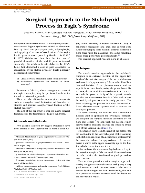 (PDF) Surgical Approach to the Stylohyoid Process in Eagle’s Syndrome