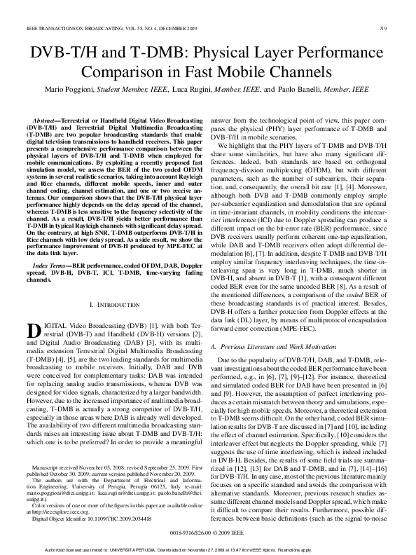 (PDF) DVB-T/H and T-DMB: Physical Layer Performance Comparison in Fast ...