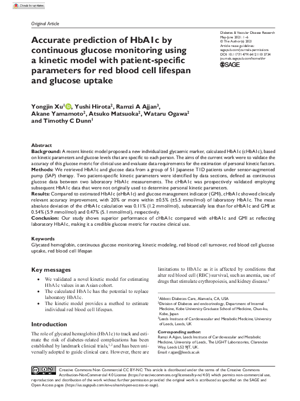 (PDF) Accurate prediction of HbA1c by continuous glucose monitoring using a kinetic model with ...