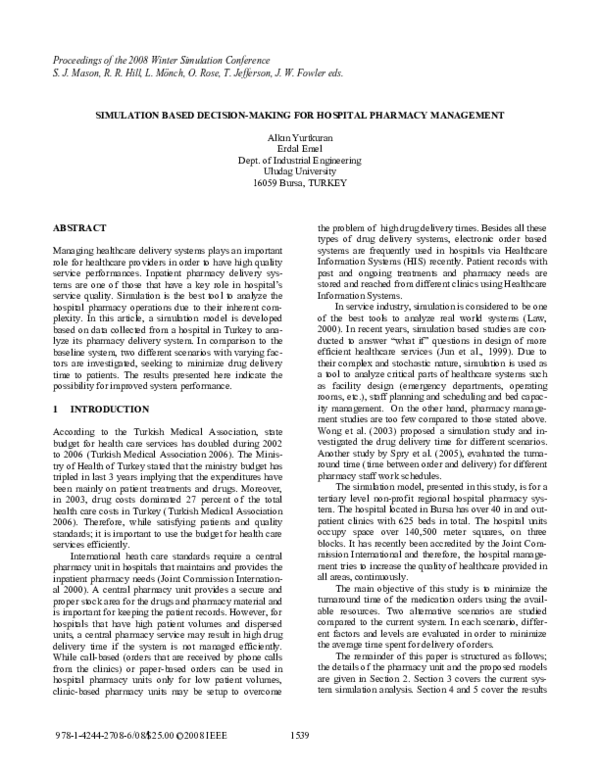 (PDF) Simulation based decision-making for hospital pharmacy management
