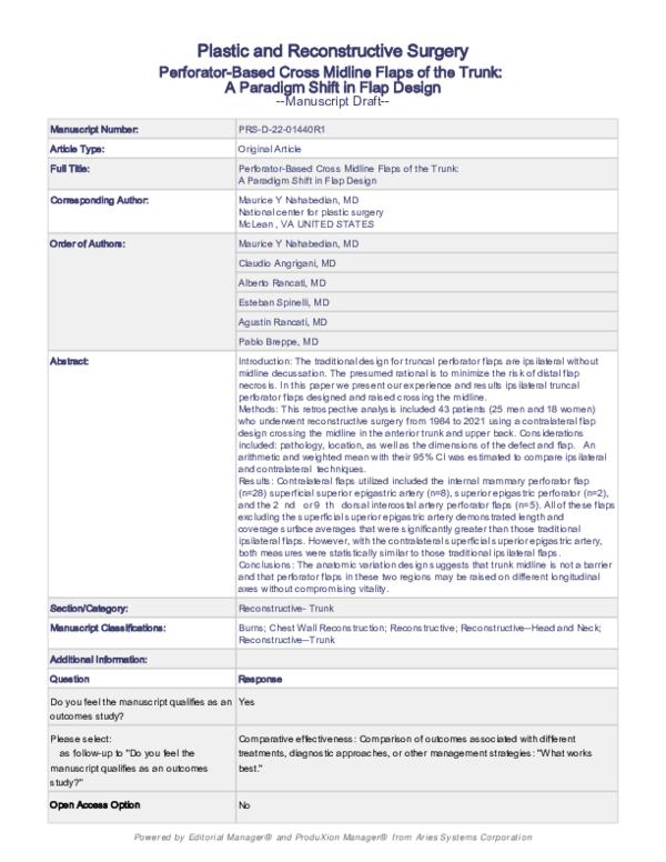 (PDF) Plastic and Reconstructive Surgery Perforator-Based Cross Midline ...