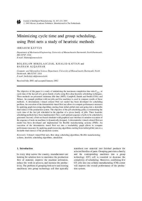(PDF) Minimizing cycle time and group scheduling, using Petri nets a study of heuristic methods