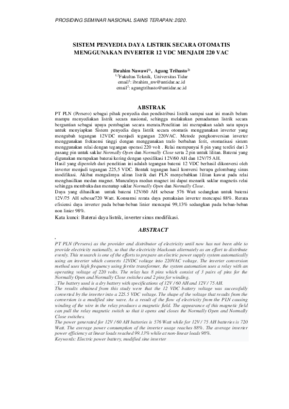 (PDF) Sistem Penyedia Daya Listrik Secara Otomatis Menggunakan Inverter 12 VDC Menjadi 220 Vac