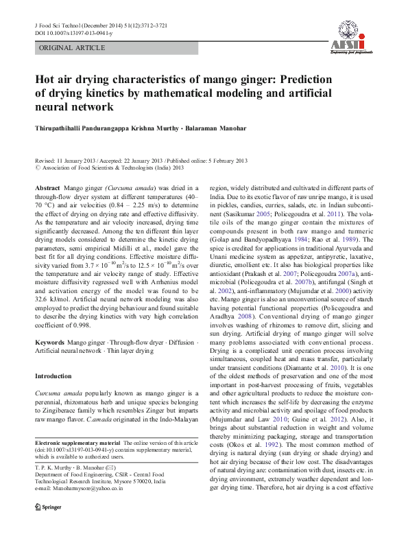 (PDF) Hot air drying characteristics of mango ginger: Prediction of drying kinetics by ...