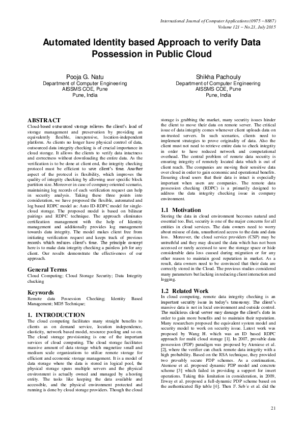 (PDF) Automated Identity based Approach to Verify Data Possession in Public Cloud