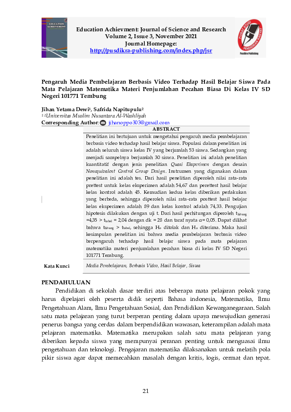 (PDF) Pengaruh Media Pembelajaran Berbasis Video Terhadap Hasil Belajar Siswa Pada Mata ...