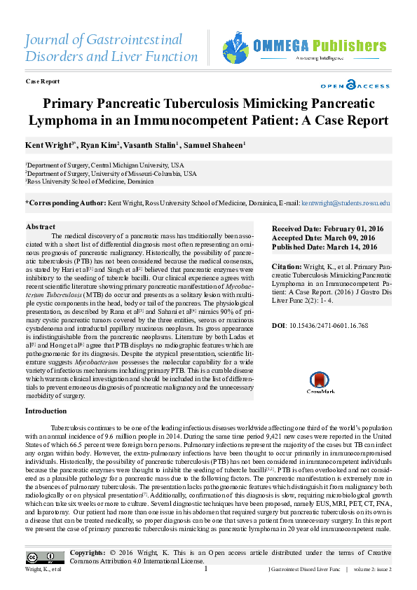 (PDF) Primary Pancreatic Tuberculosis Mimicking Pancreatic Lymphoma in ...