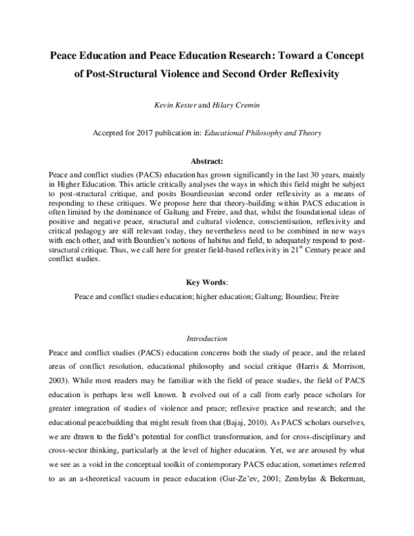 (PDF) Peace education and peace education research: Toward a concept of ...