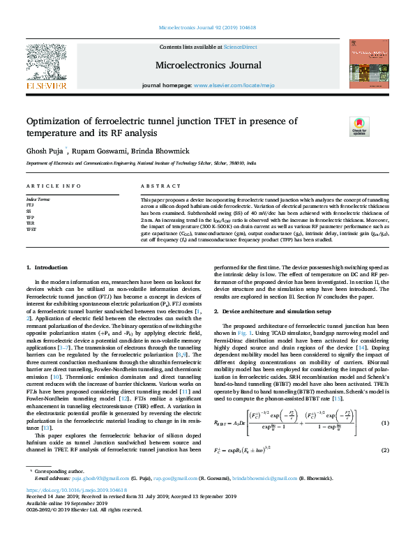 (PDF) Optimization of ferroelectric tunnel junction TFET in presence of temperature and its RF ...