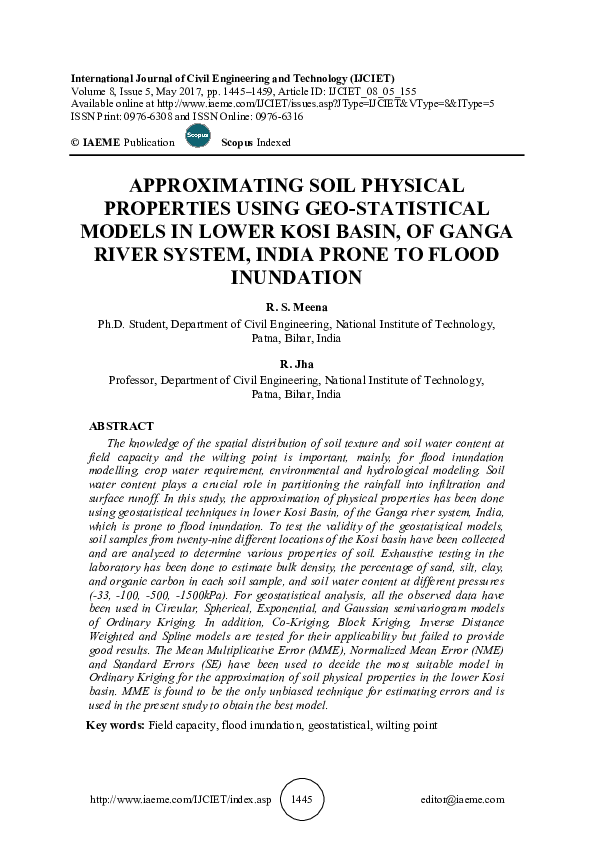 (PDF) APPROXIMATING SOIL PHYSICAL PROPERTIES USING GEO-STATISTICAL MODELS IN LOWER KOSI BASIN ...