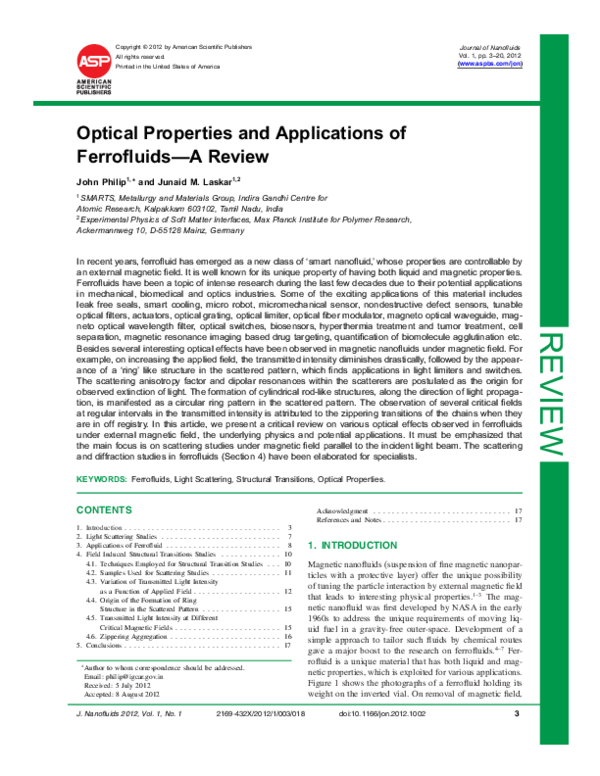 (PDF) Optical Properties and Applications of Ferrofluids—A Review