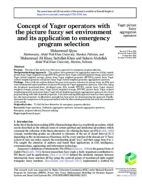 Pdf Concept Of Yager Operators With The Picture Fuzzy Set Environment And Its Application To