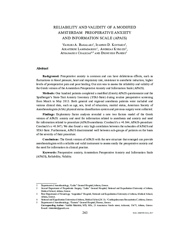 (PDF) Reliability and Validity of a Modified Amsterdam Preoperative Anxiety and Information ...