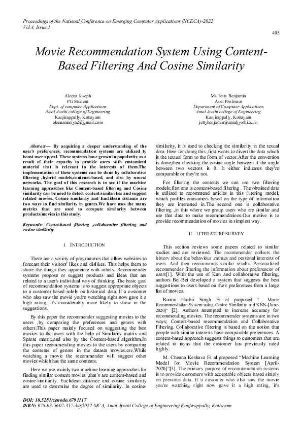 (PDF) Movie Recommendation System Using Content-Based Filtering And ...