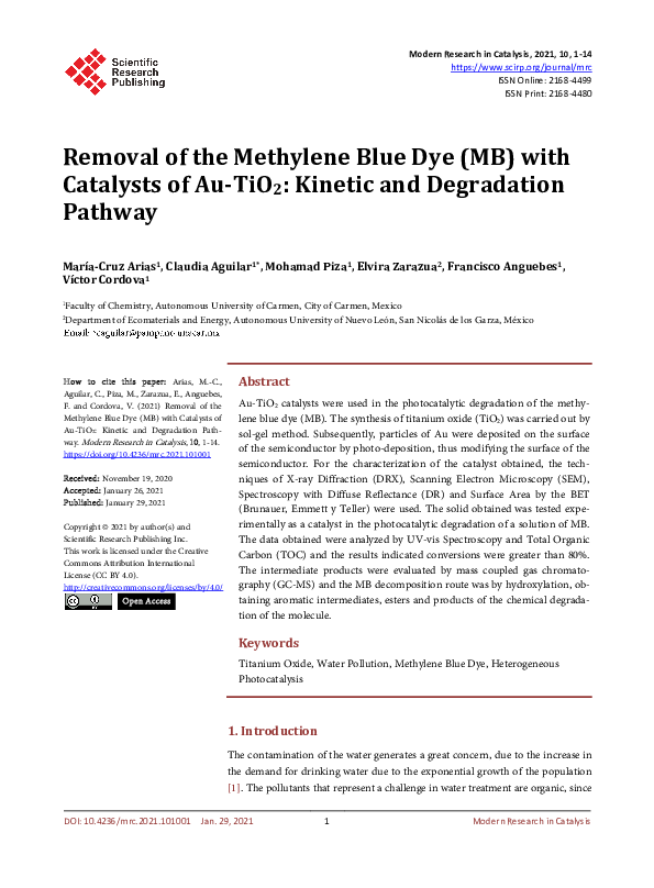 (PDF) Removal of the Methylene Blue Dye (MB) with Catalysts of Au-TiO 2 : Kinetic and ...