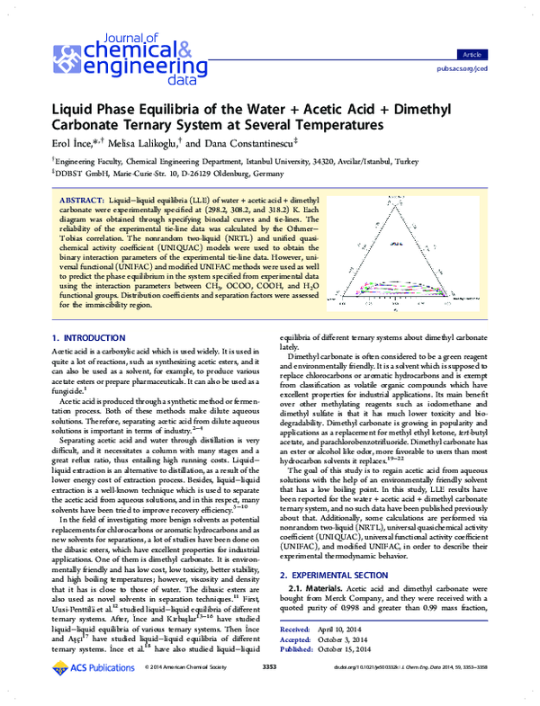 (PDF) Liquid Phase Equilibria of the Water + Acetic Acid + Dimethyl Carbonate Ternary System at ...