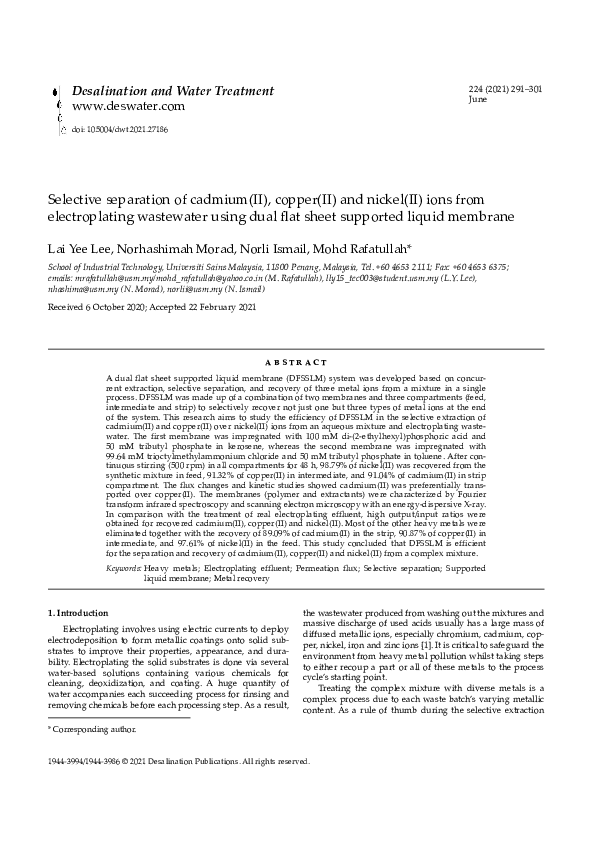 Pdf Selective Separation Of Cadmium Ii Copper Ii And Nickel Ii Ions From Electroplating