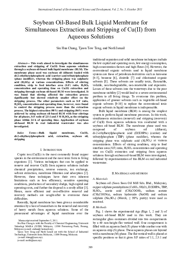 (PDF) Soybean Oil-Based Bulk Liquid Membrane for Simultaneous Extraction and Stripping of Cu(II ...