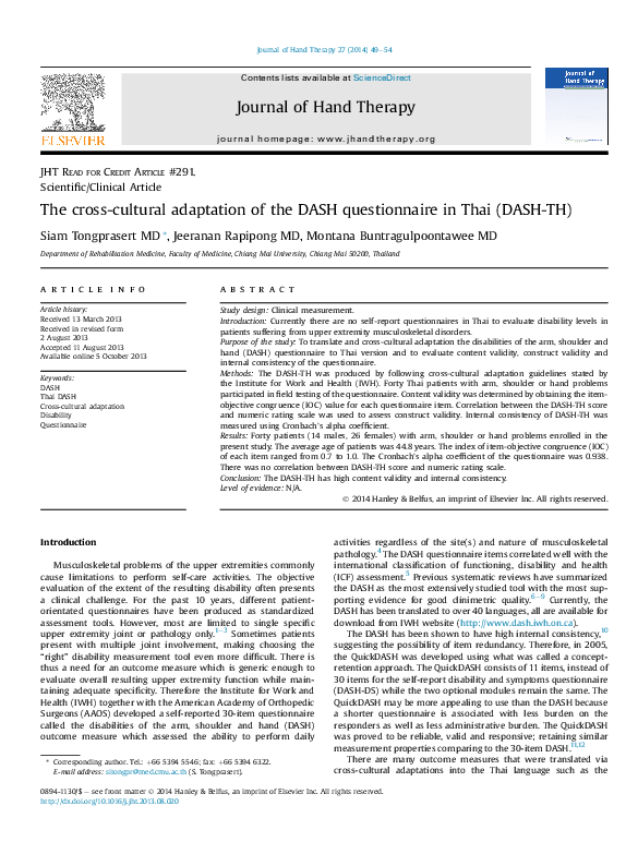 (PDF) The cross-cultural adaptation of the DASH questionnaire in Thai ...