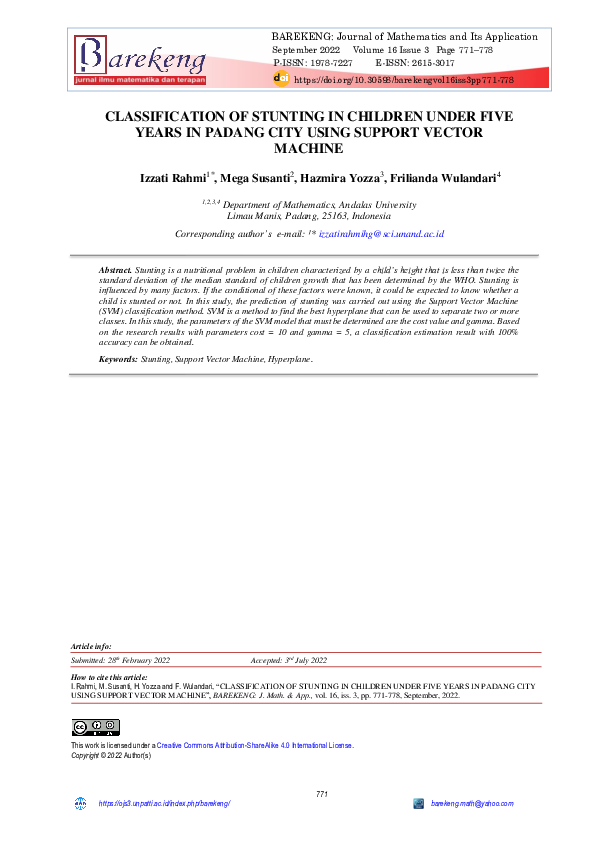 (PDF) Classification of Stunting in Children Under Five Years in Padang City Using Support ...