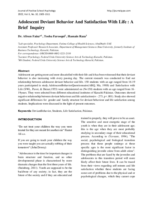 (PDF) Adolescent Deviant Behavior And Satisfaction With Life : A Brief ...