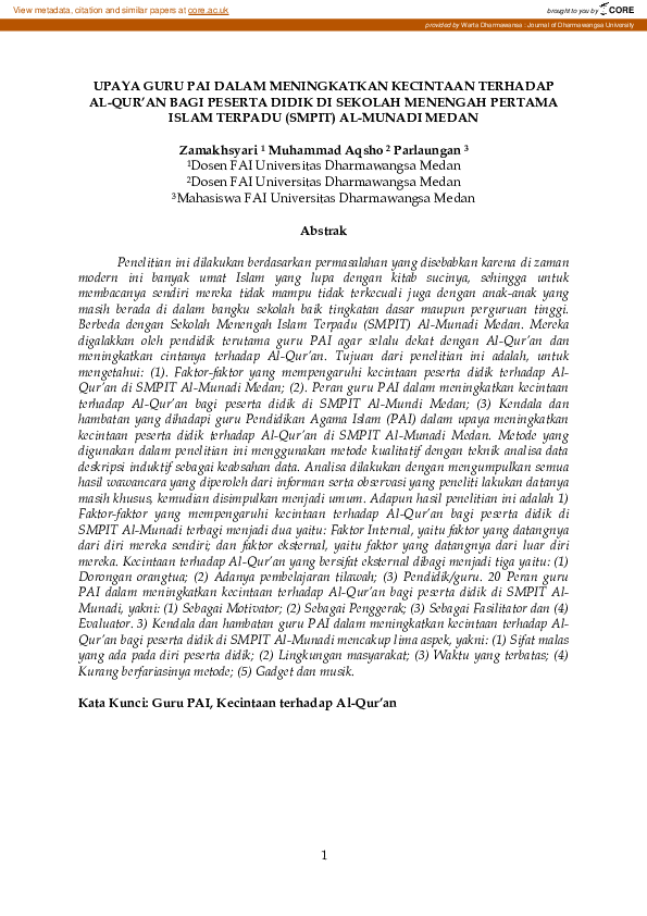 (PDF) Upaya Guru Pai Dalam Meningkatkan Kecintaan Terhadap Al-Qur’An Bagi Peserta Didik DI ...