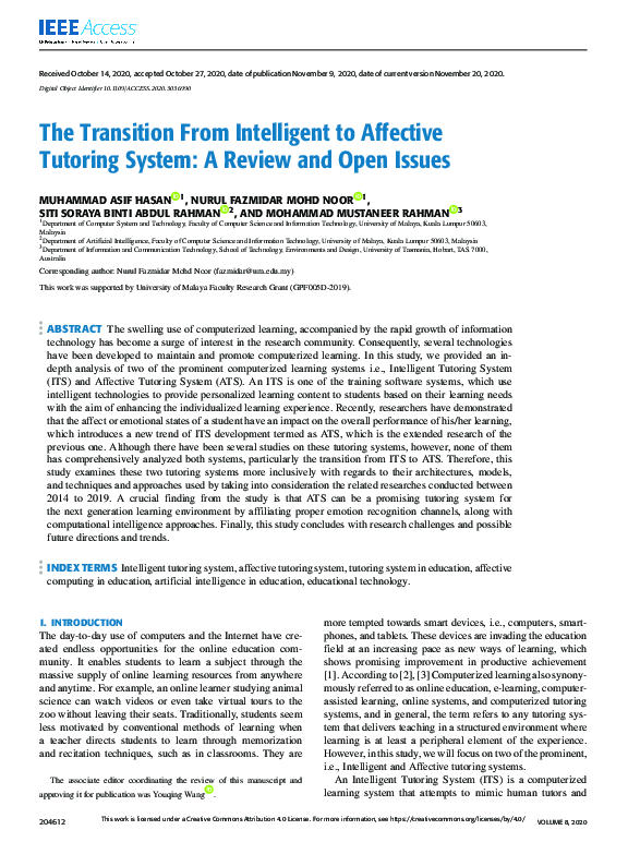 (PDF) The Transition From Intelligent to Affective Tutoring System: A Review and Open Issues