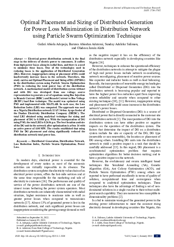 Pdf Optimal Placement And Sizing Of Distributed Generation For Power Loss Minimization In 