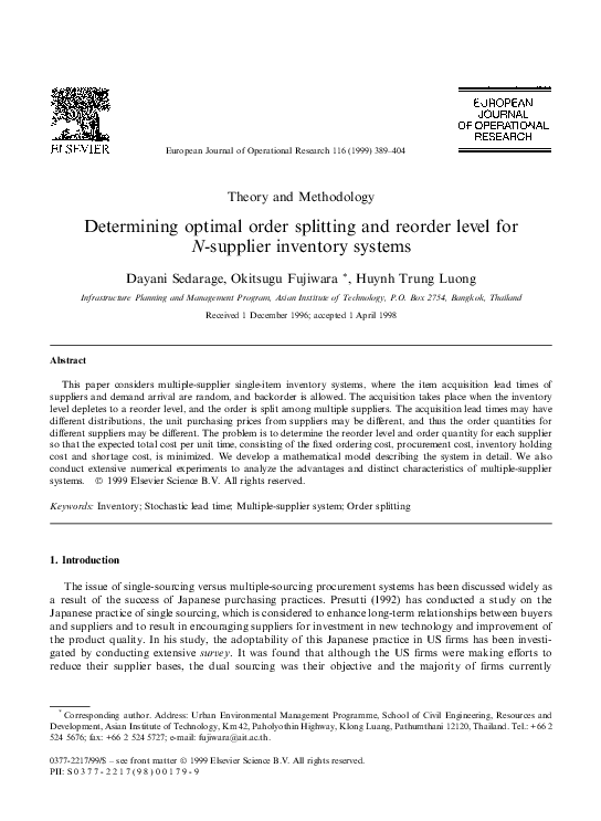 (PDF) Determining optimal order splitting and reorder level for N-supplier inventory systems