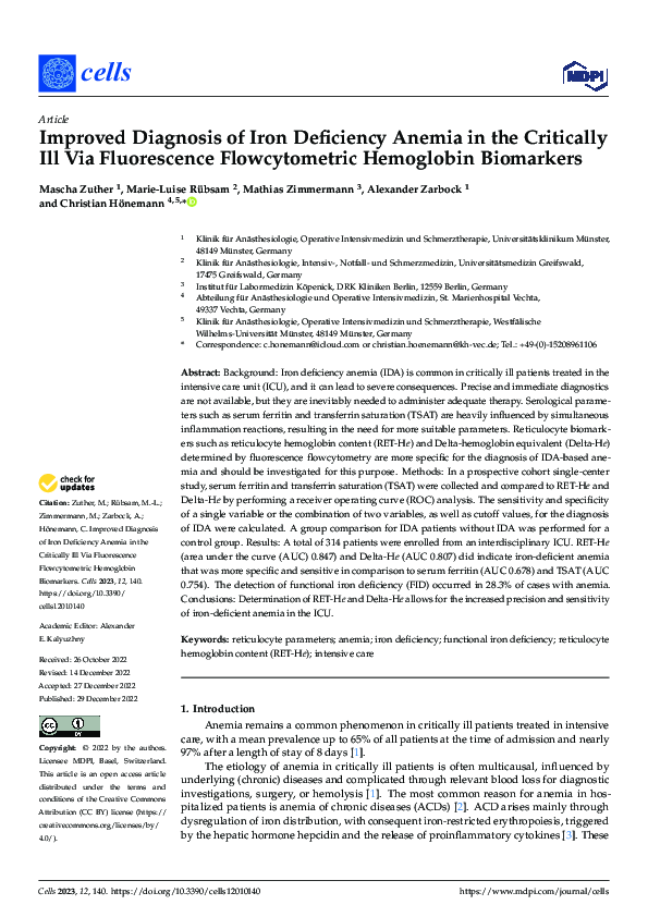(PDF) Improved Diagnosis of Iron Deficiency Anemia in the Critically ...
