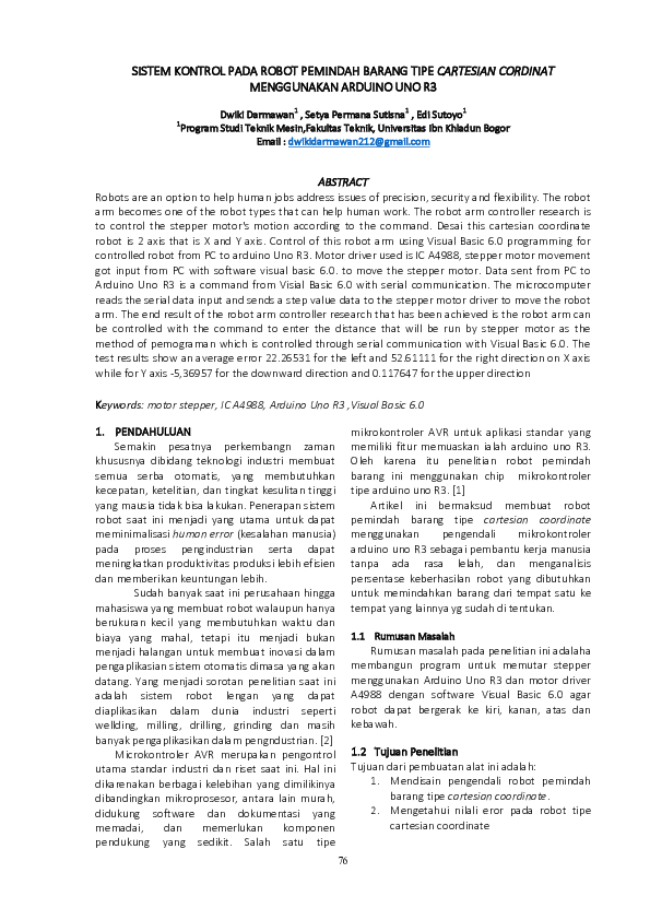 Pdf Sistem Kontrol Pada Robot Pemindah Barang Tipe Cartesian Cordinat Menggunakan Arduino Uno R3