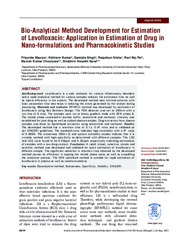 Pdf Bio Analytical Method Development For Estimation Of Levofloxacin Application In
