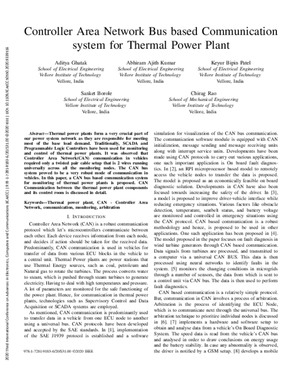 (PDF) Controller Area Network Bus based Communication system for Thermal Power Plant