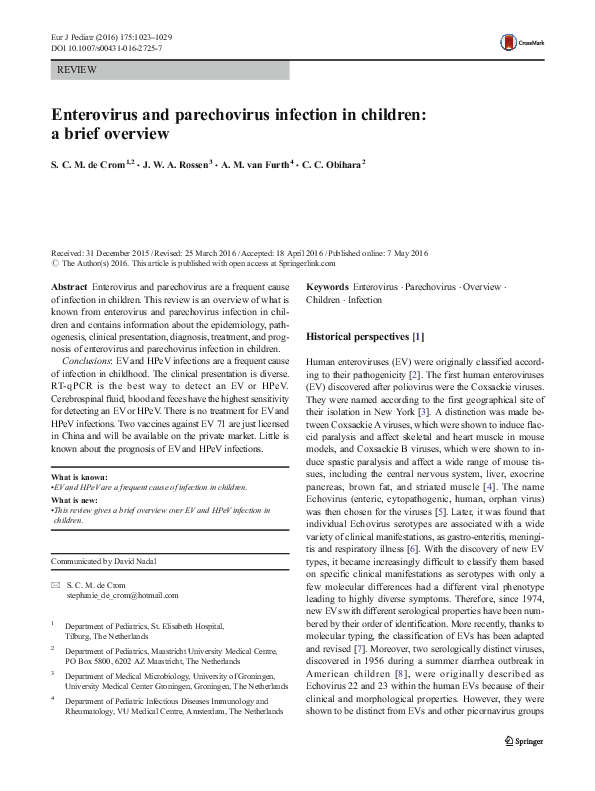 (PDF) Enterovirus and parechovirus infection in children: a brief overview