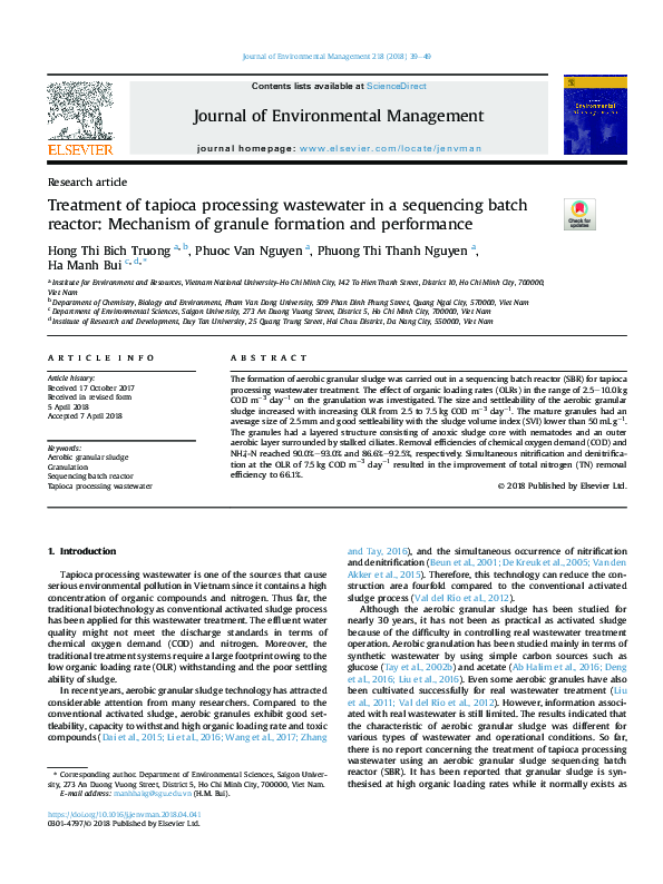 (PDF) Treatment of tapioca processing wastewater in a sequencing batch reactor: Mechanism of ...