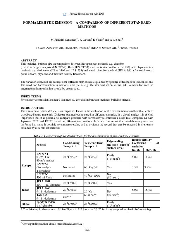 (PDF) Formaldehyde emission—Comparison of different standard methods