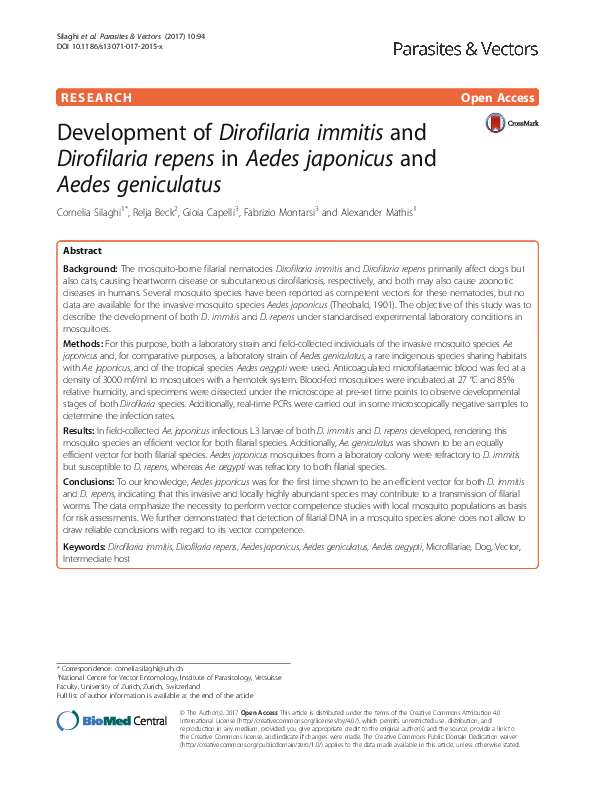 (PDF) Development of Dirofilaria immitis and Dirofilaria repens in Aedes japonicus and Aedes ...