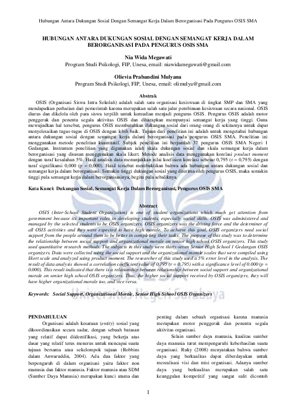 (PDF) Hubungan Antara Dukungan Sosial Dengan Semangat Kerja Dalam Berorganisasi Pada Pengurus ...