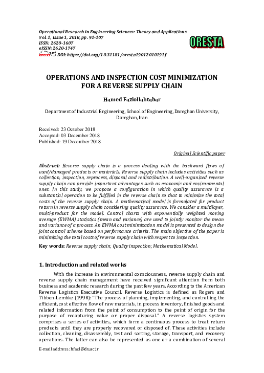 (PDF) Operations and inspection Cost minimization for a reverse supply chain