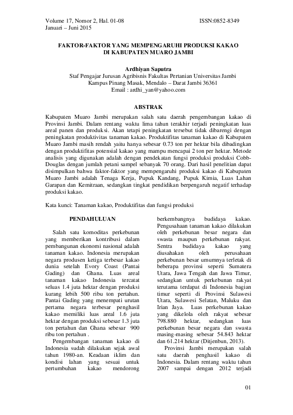 (PDF) Faktor-Faktor Yang Mempengaruhi Produksi Kakao DI Kabupaten Muaro Jambi