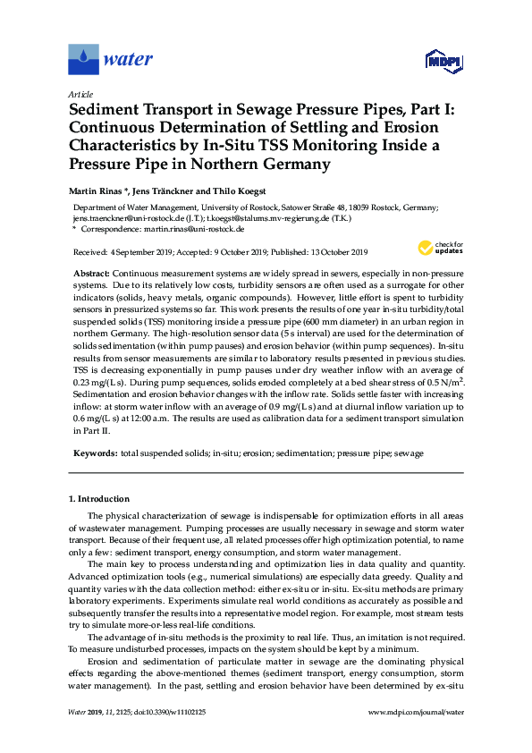 (PDF) Sediment Transport in Sewage Pressure Pipes, Part I: Continuous ...