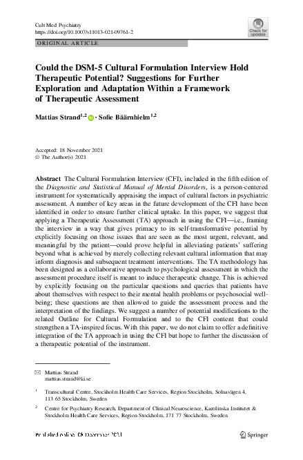 (PDF) Could the DSM-5 Cultural Formulation Interview Hold Therapeutic ...