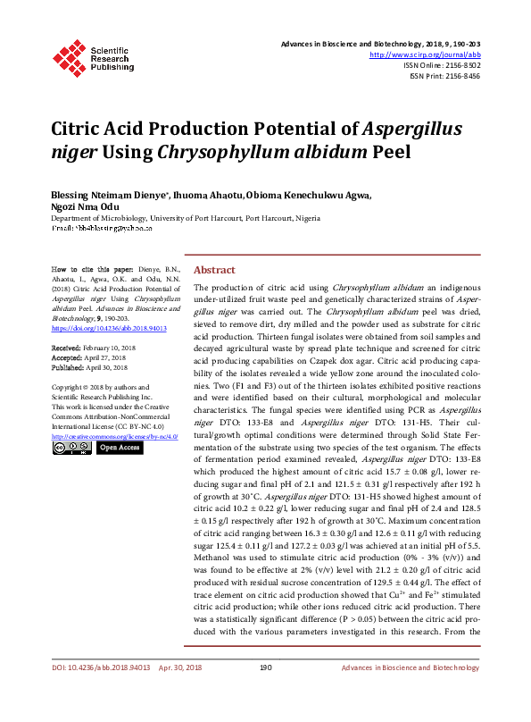 Pdf Citric Acid Production Potential Of Aspergillus Niger Using Chrysophyllum Albidum Peel