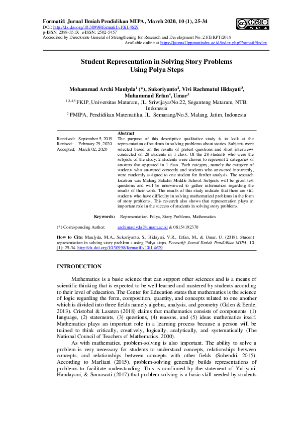(PDF) Student Representation in Solving Story Problems Using Polya Steps
