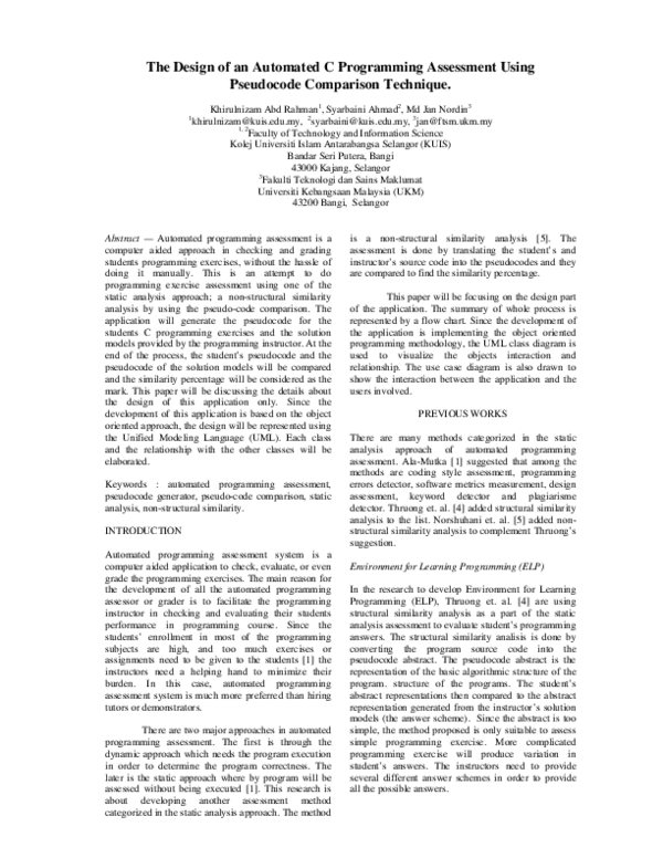 Pdf The Design Of An Automated C Programming Assessment Using Pseudocode Comparison Technique 