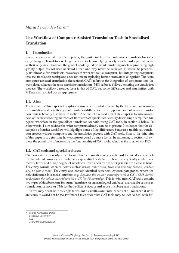 (PDF) The Workflow of Computer-Assisted Translation Tools in Specialised Translation