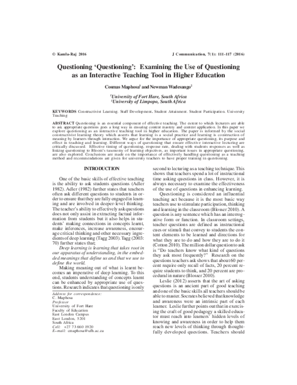 (PDF) Questioning ‘Questioning’: Examining the Use of Questioning as an ...