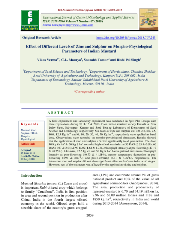 Pdf Effect Of Different Levels Of Zinc And Sulphur On Yield And Yield Attributing Characters