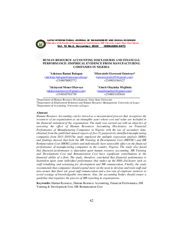 (PDF) HUMAN RESOURCE ACCOUNTING DISCLOSURES AND FINANCIAL PERFORMANCE: EMPIRICAL EVIDENCE FROM ...