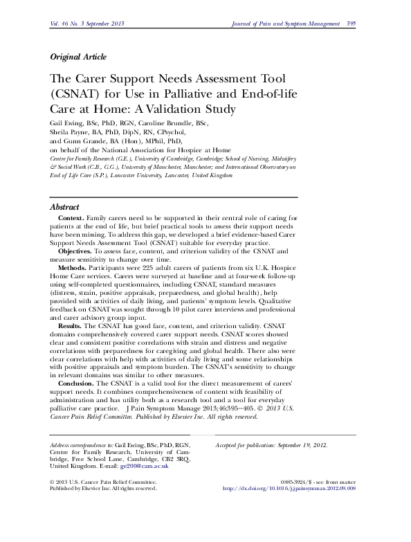 (PDF) The Carer Support Needs Assessment Tool (CSNAT) for Use in ...